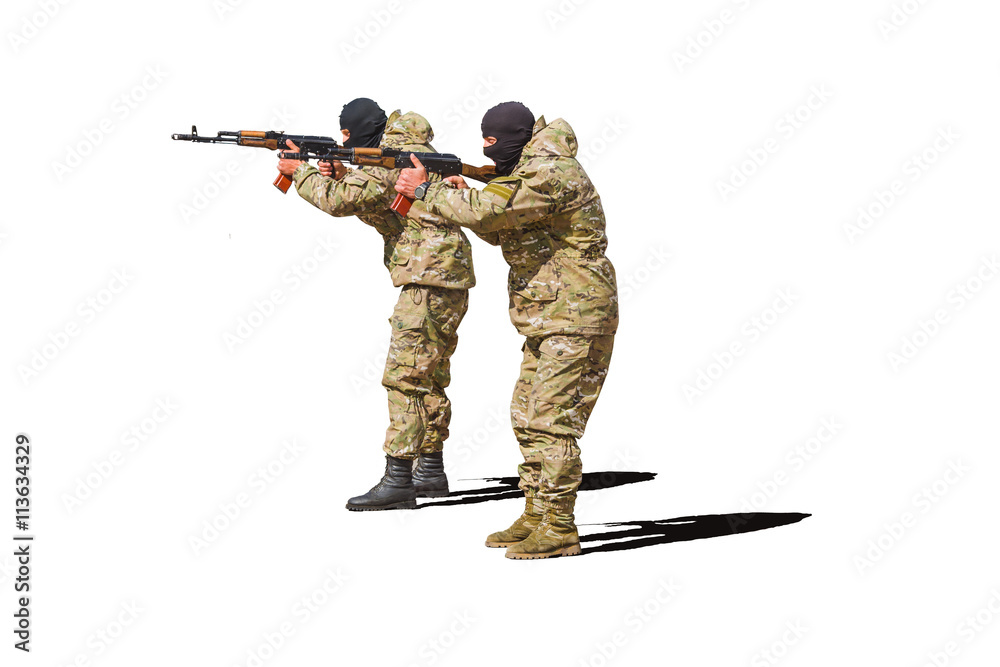 Soldiers in a standing position to shooting with submachine gun Stock ...