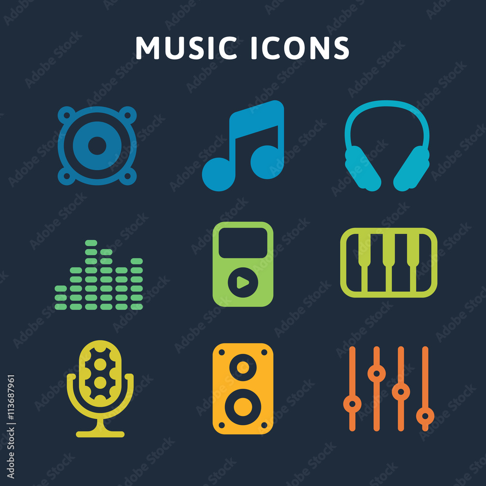 Music and sound icons set. Audio equalizer, note musical and microphone ...