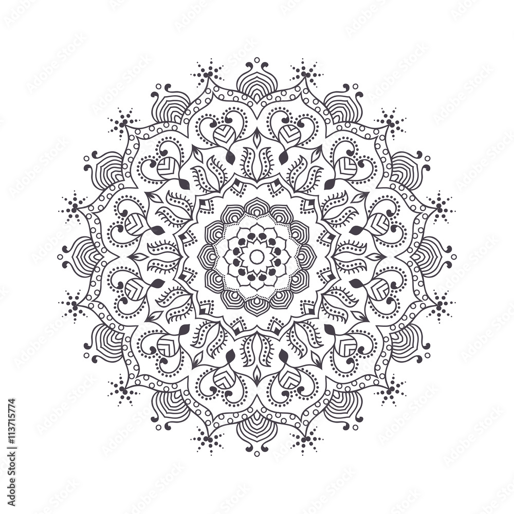 Hand drawn flower mandala for coloring book. Black and white ethnic ...