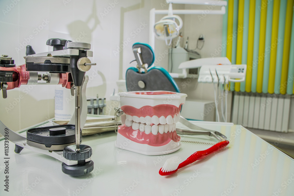 teeth layout for the dentist with a toothbrush. still life on the ...