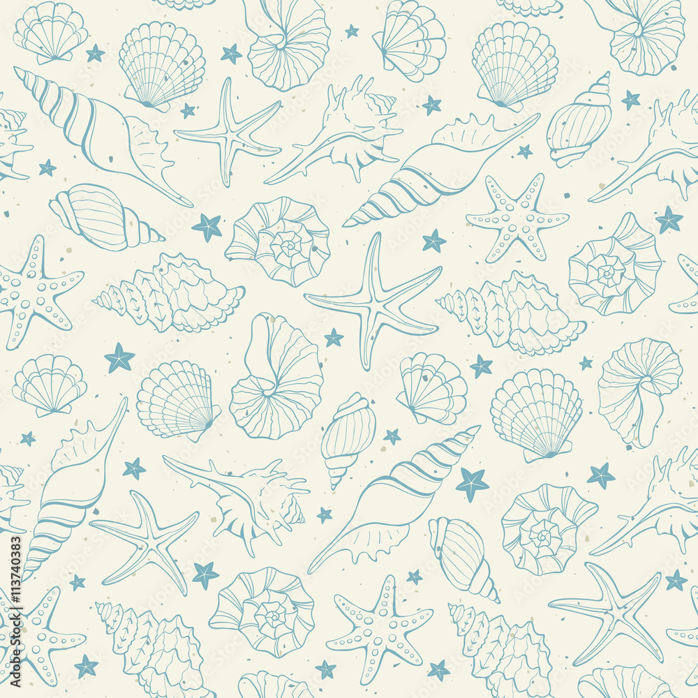 Seamless background from hand drawn sea shells and stars. Marine ...