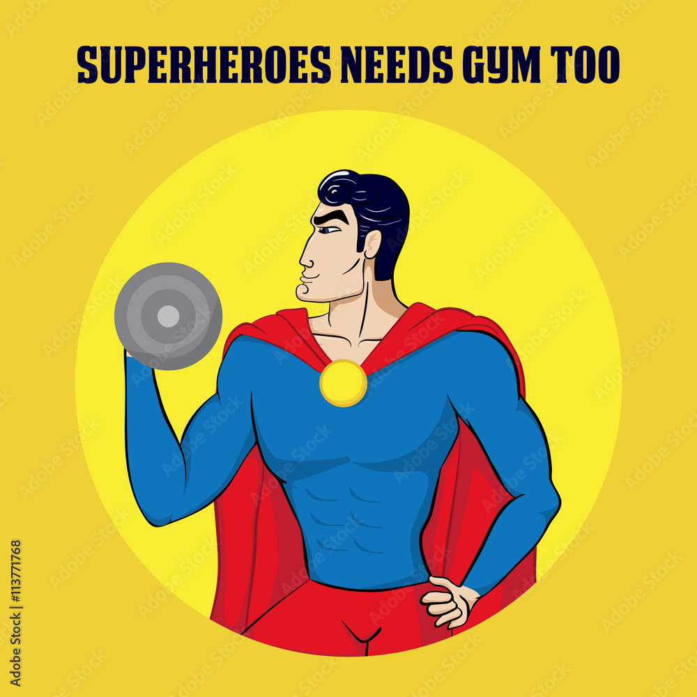 Superheroes need gym too concept. hero in gym holding dumbbell. Vector ...