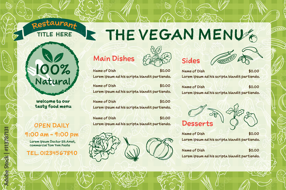 vegan organic food restaurant menu of vector illustrator template Stock ...