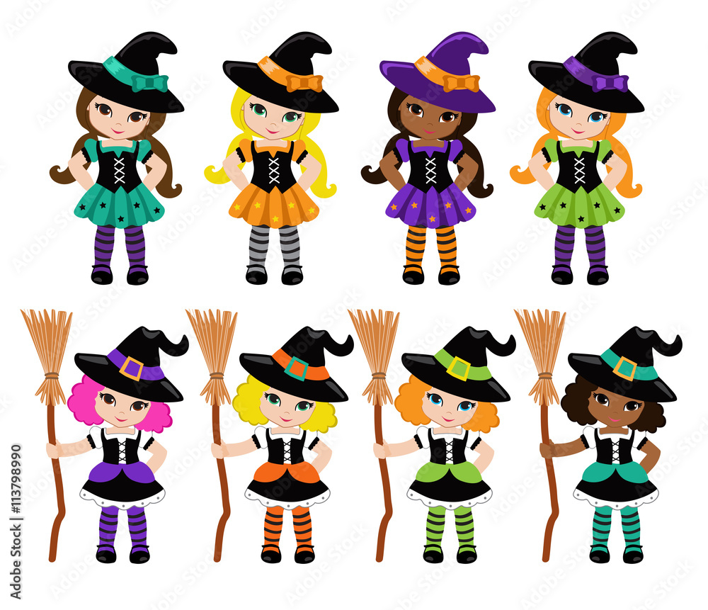 Halloween Cute Witches set Stock Vector | Adobe Stock