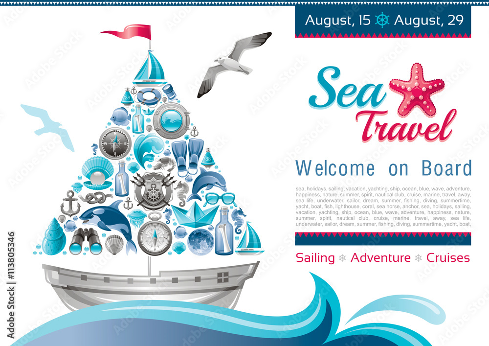 Sea summer travel banner invitation design with sail boat and icon set ...
