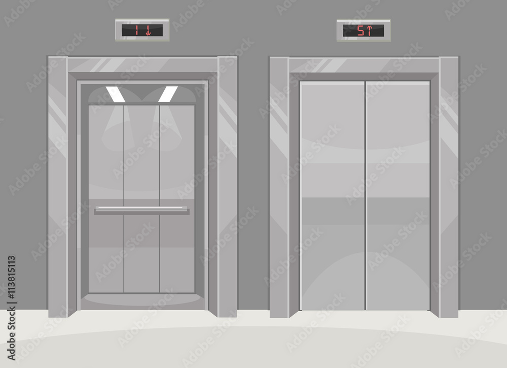 Open and closed metal office building elevator. Vector flat cartoon ...
