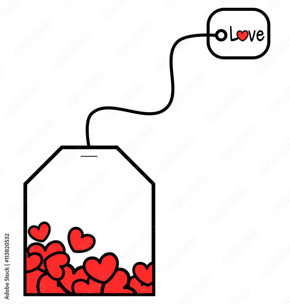 cute lovely tea bag with hearts isolated on white background concept ...