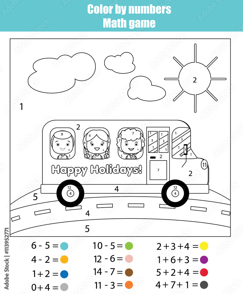 Coloring page with kids in school bus. Color by numbers math game Stock ...