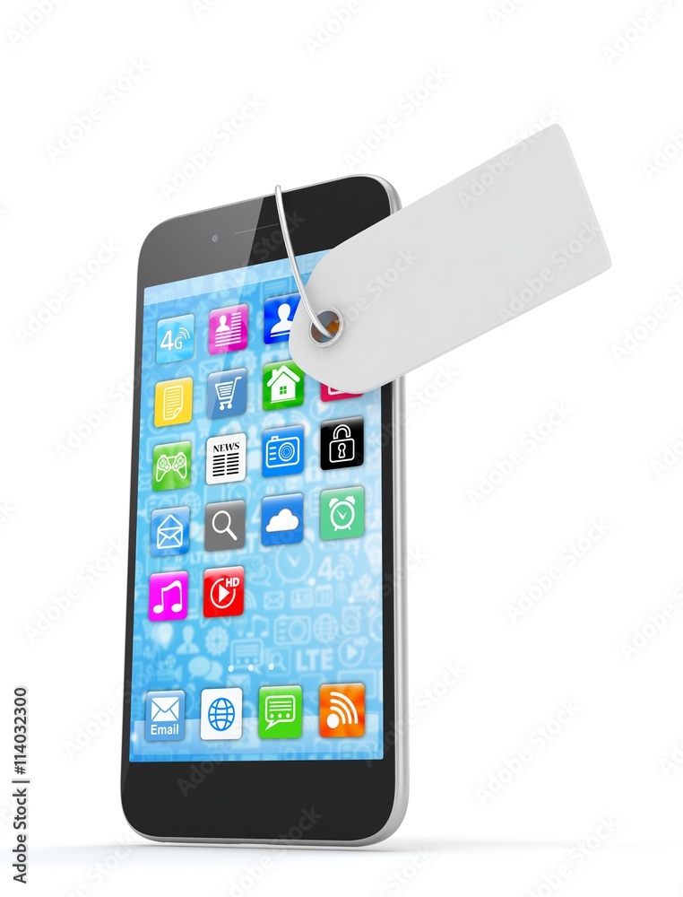 Smart phone with price tag on white background. Identification, price ...