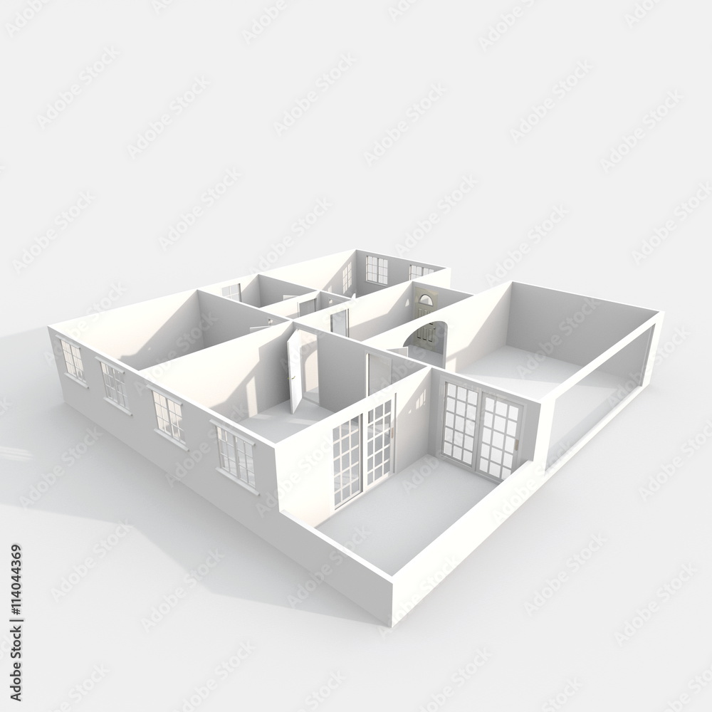 3d interior rendering perspective view of empty paper model home ...