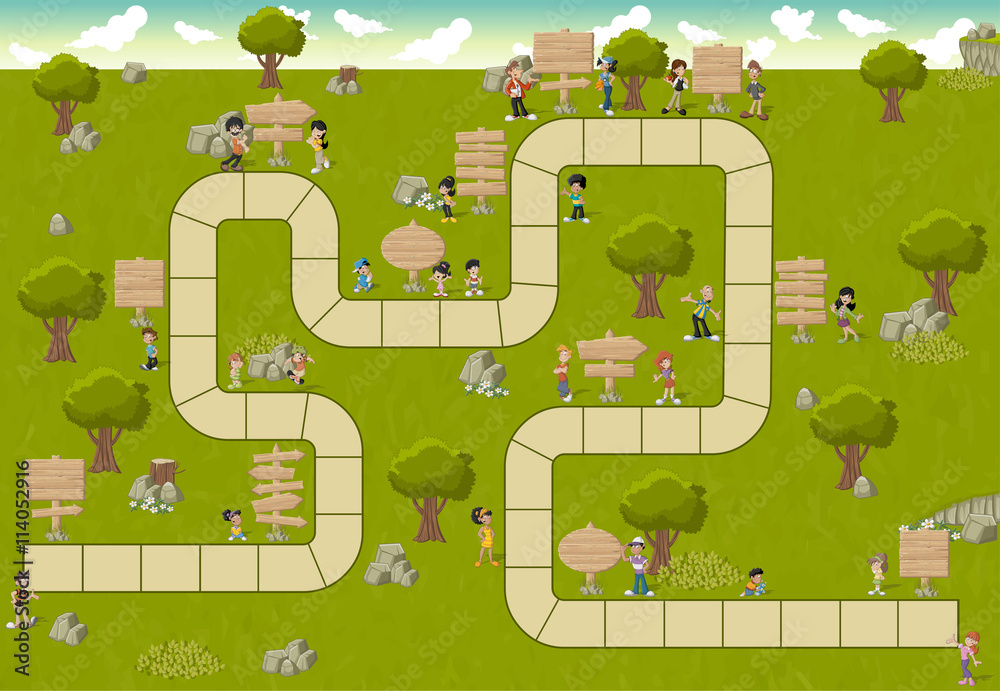 Board game with a block path on a green park with happy cartoon people ...