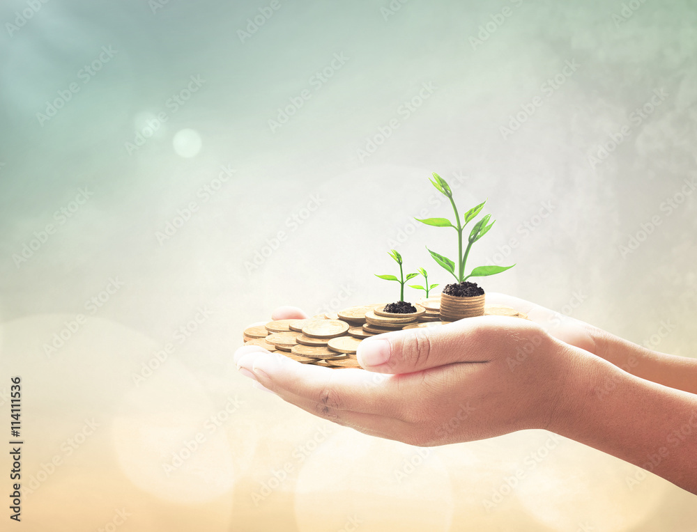 Philanthropy day concept: Entrepreneur hand holding golden coins and ...