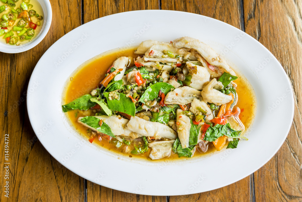 Hot and spicy stir fried Sand whiting fish, Silver Sillago fish or ...