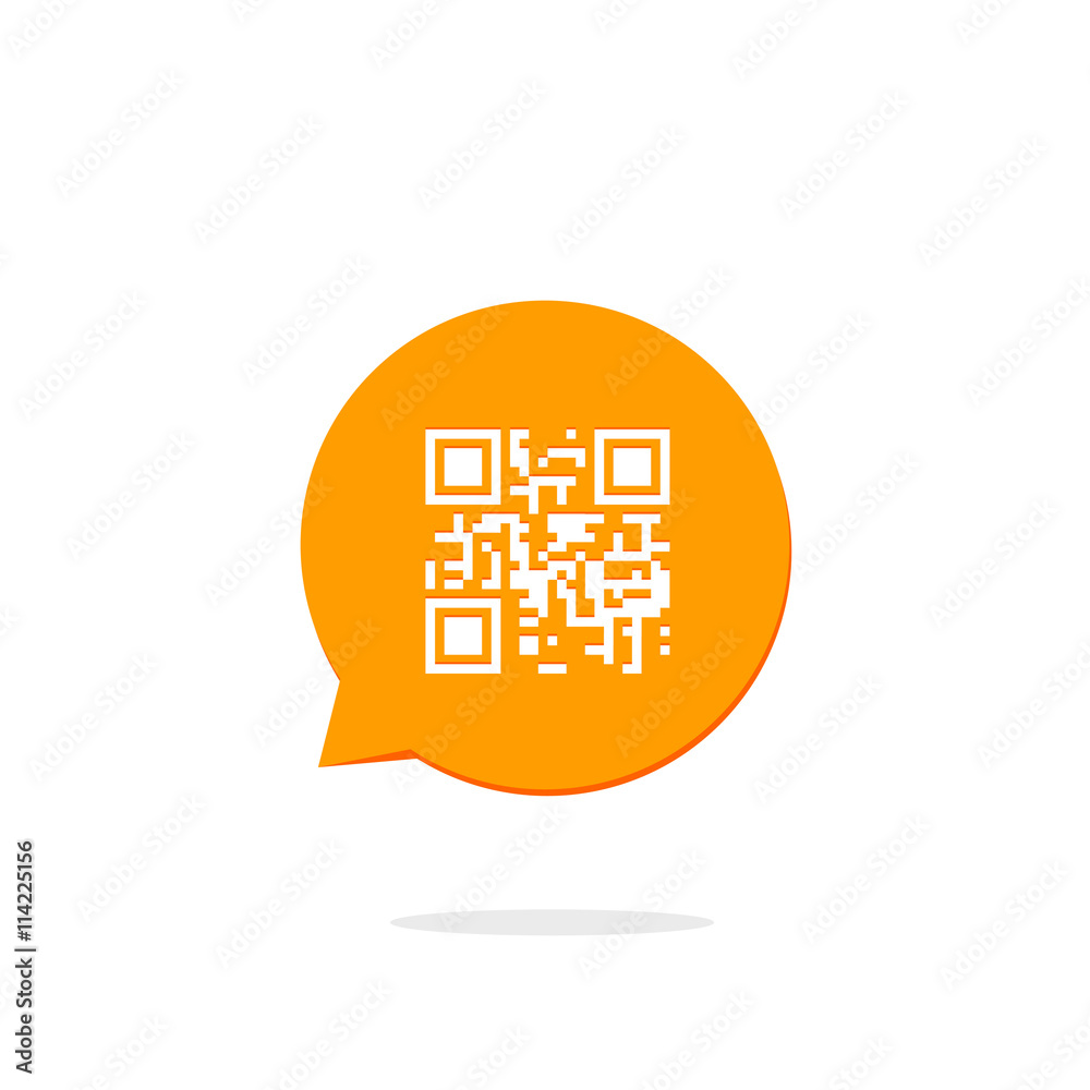 Qr code icon in orange speech bubble, concept of communication ...