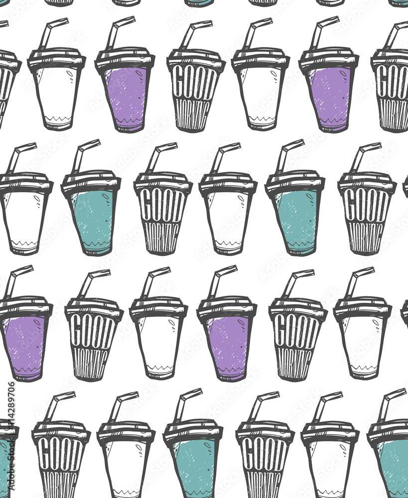 Seamless texture with paper cups of coffee. Good morning. Texture with ...