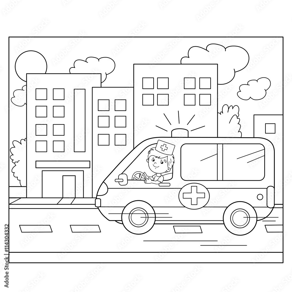 Coloring Page Outline Of cartoon doctor with ambulance car Stock Vector ...
