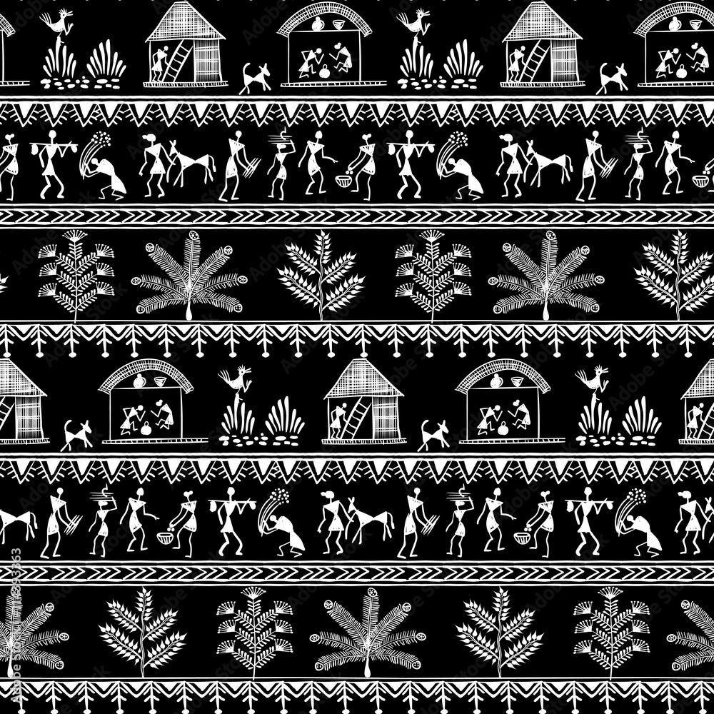 Warli painting seamless pattern - hand drawn traditional the ancient ...