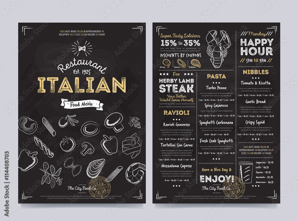 Italian restaurant cafe menu template design on chalkboard background ...