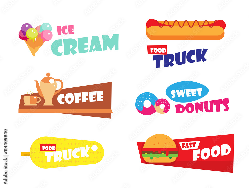 Set of Ice cream logo, burger, hot dog, fast food label for bakery menu ...