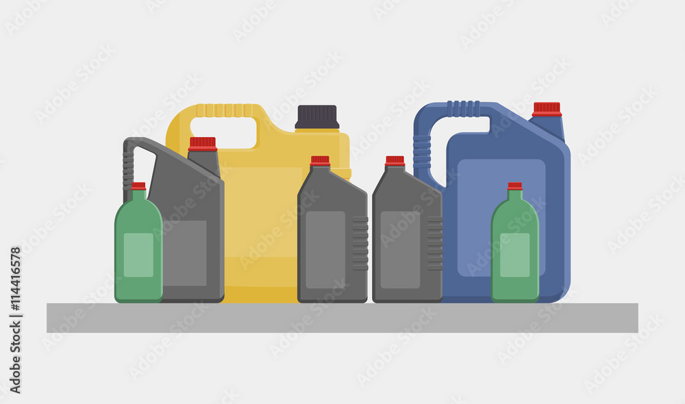 Vector flat illustration of different canisters and bottles with engine ...
