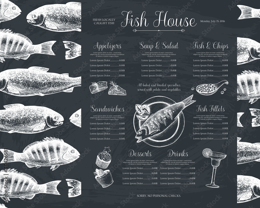 Fish restaurant menu design on chalkboard. Vintage seafood illustration ...
