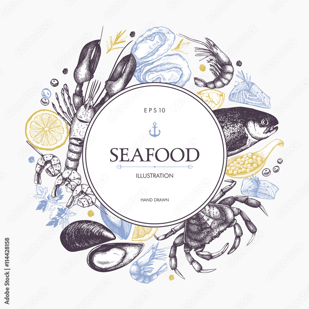 Vector Seafood card or flyer design. Decorative frame with Hand drawn ...