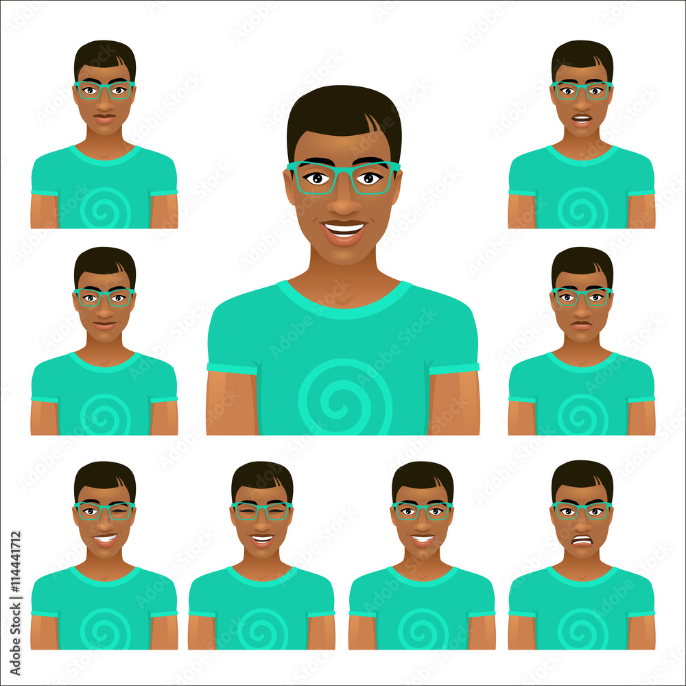 Hansome young man face in glasses with nine different facial ...