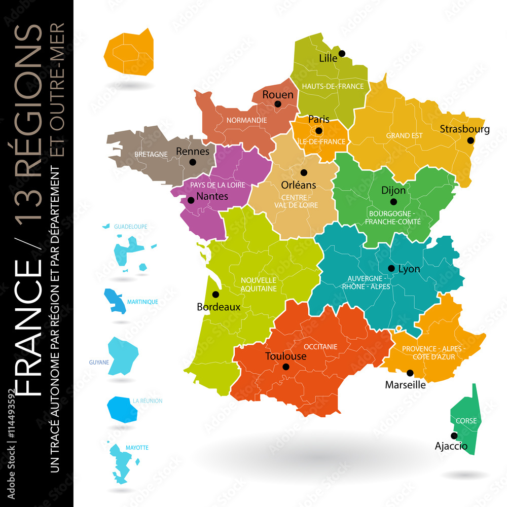 Carte de France 13 régions (nouveaux noms (2016) + départements / 1 ...