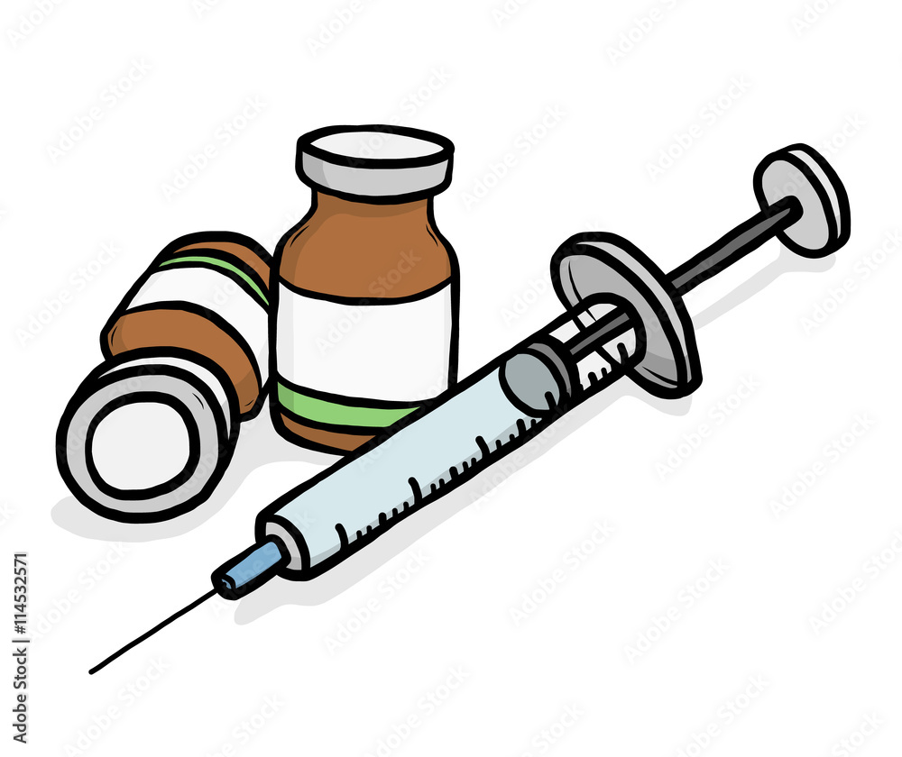 injection syringe and drug vials / cartoon vector and illustration ...