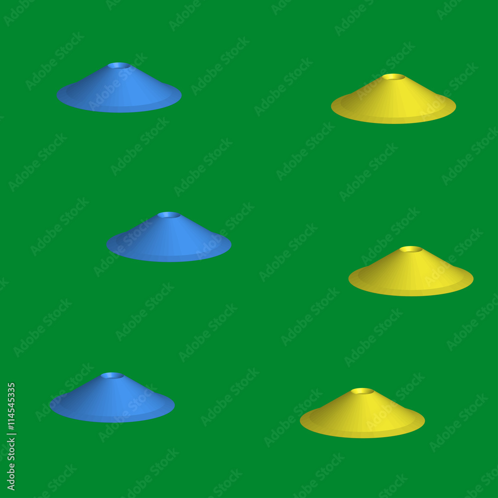 Soccer cones football training, yellow and blue on stadium green field ...