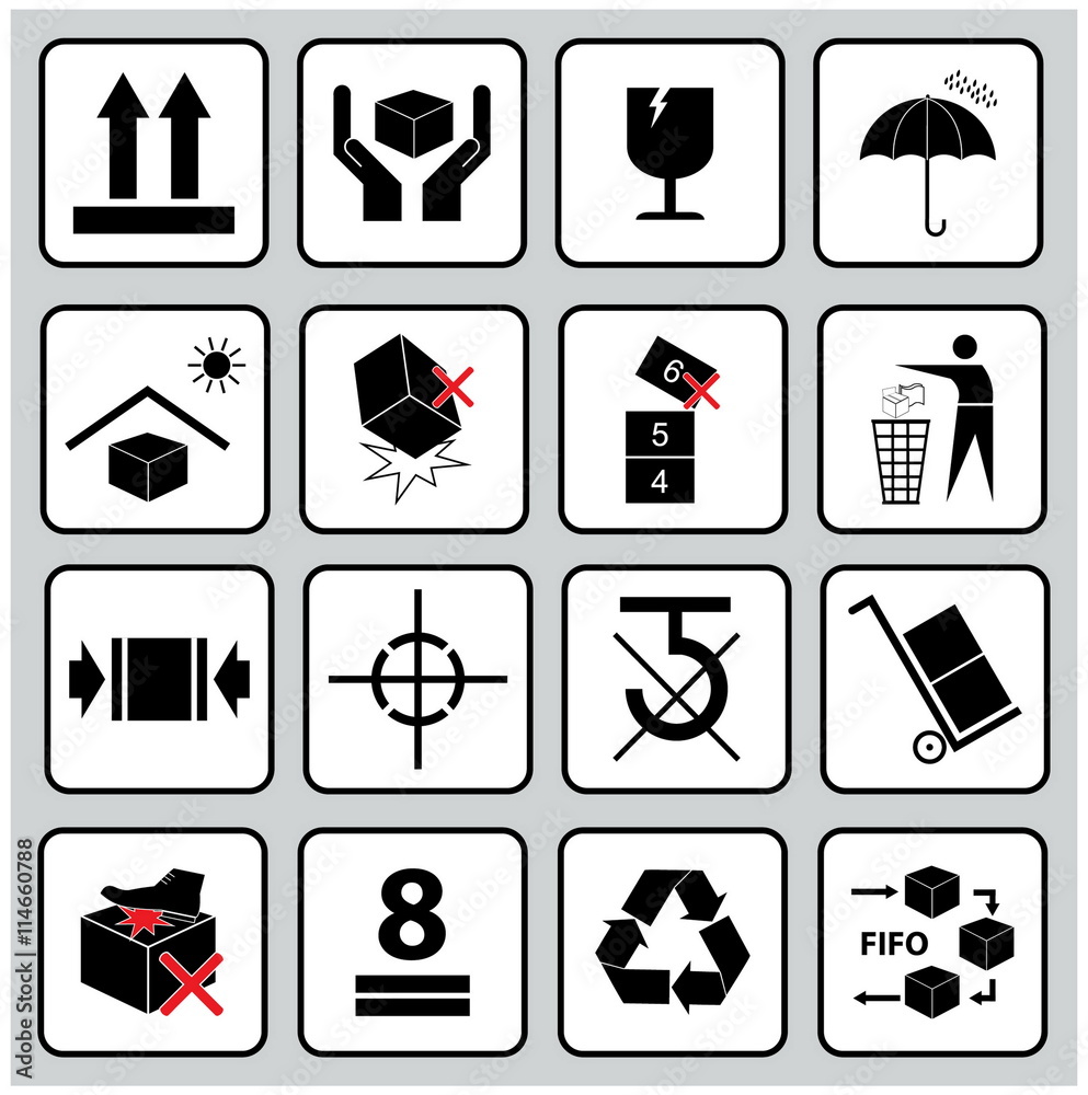 Packaging symbols (this way up, handle with care, fragile, keep dry ...