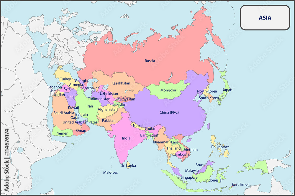 Political Map of Asia with Names Stock Vector | Adobe Stock