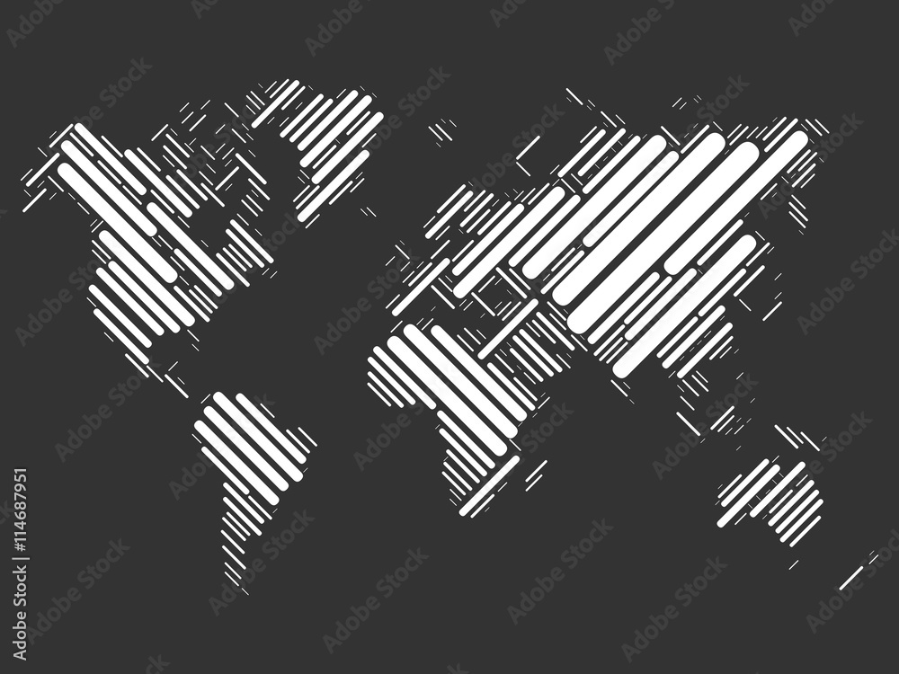 World map mosaic of white blocks with sharp corners on black background ...