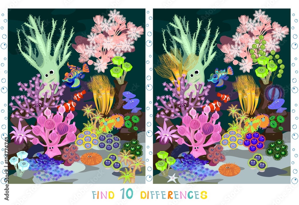 Funny marine animals in sea. Find ten differences Stock Vector | Adobe ...