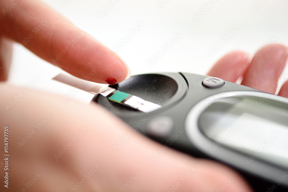 First type Diabetes patient measuring glucose level blood test use ...