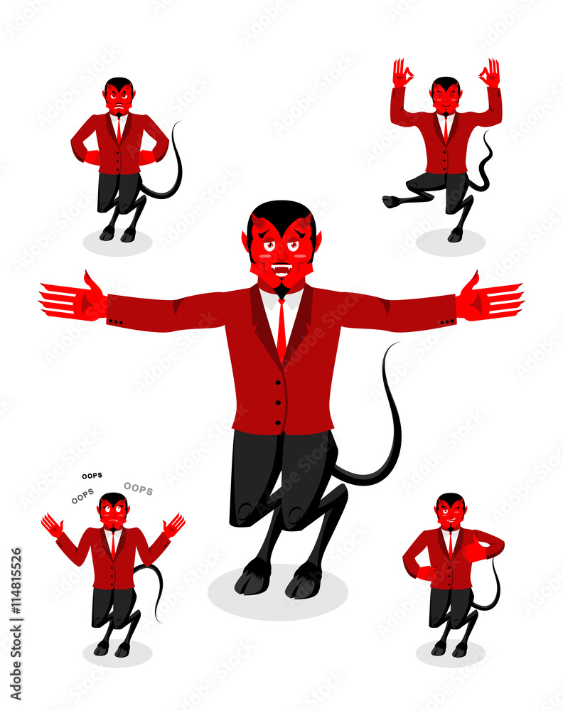 Devil set of poses. Satan set of movements. Horned demon express Stock ...