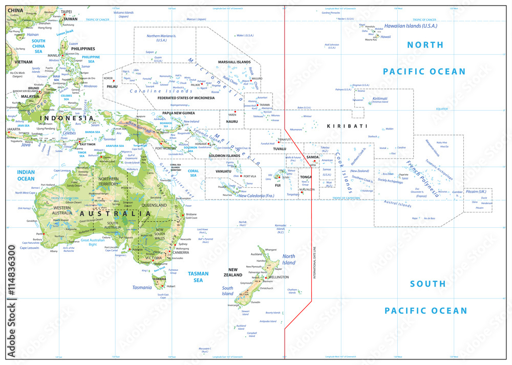 Relief Map of Oceania isolated on white Stock Vector | Adobe Stock