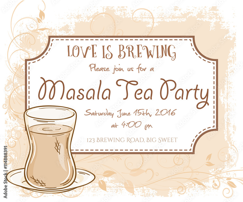 vector hand drawn masala tea party invitation card, vintage frame ...