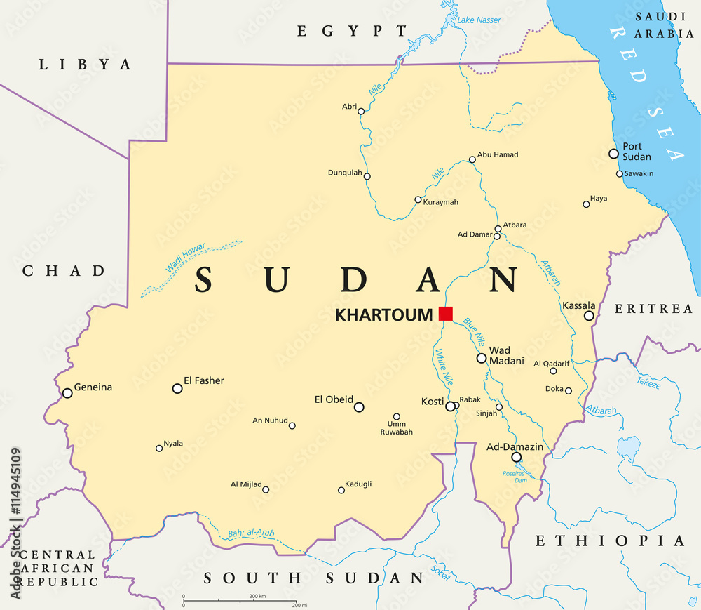 Sudan political map with capital Khartoum, national borders, important ...