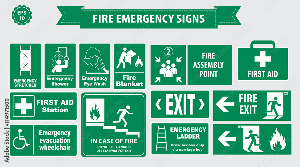 Fire Emergency signs (Emergency stretcher, shower, eye wash, fire ...