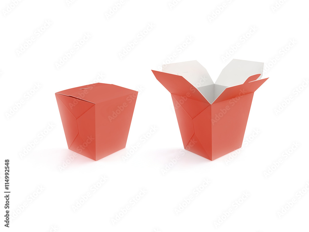Foto de Stock Opened and closed red blank fast food box mockup stand ...