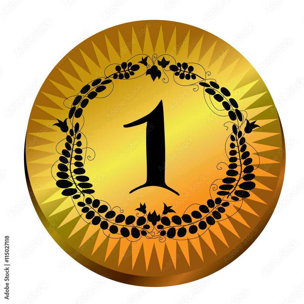 Golden medal award with first number. Black one sign and floral border ...