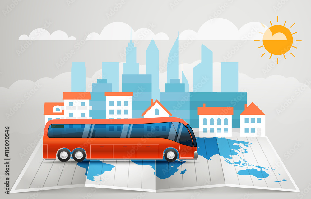 World map with the bus. Vector infographic elements. Summer vaca Stock ...