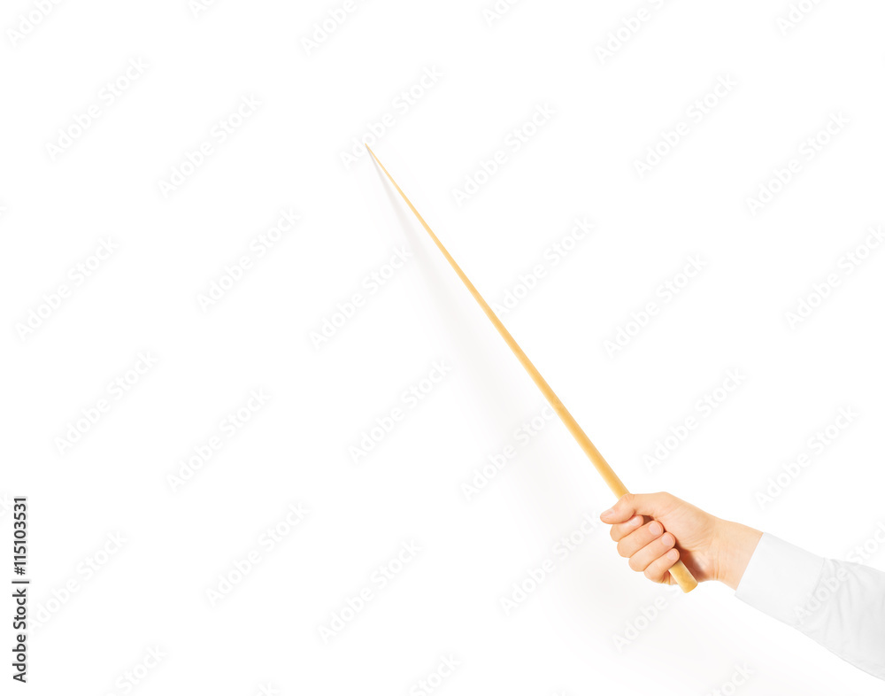 Hand holding wood classroom pointer isolated. Hand in white sleeve ...