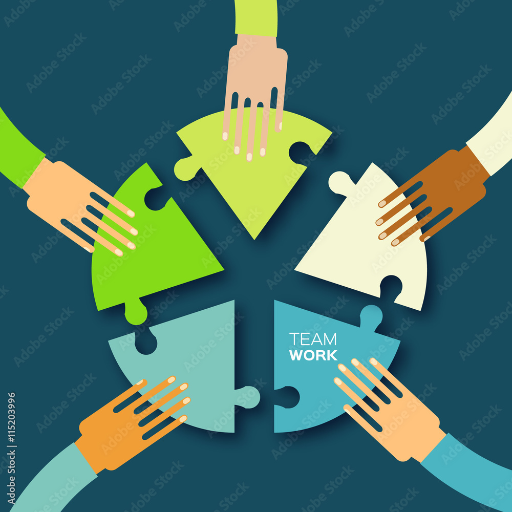 Five hands together team work. Hands putting circle puzzle pieces ...