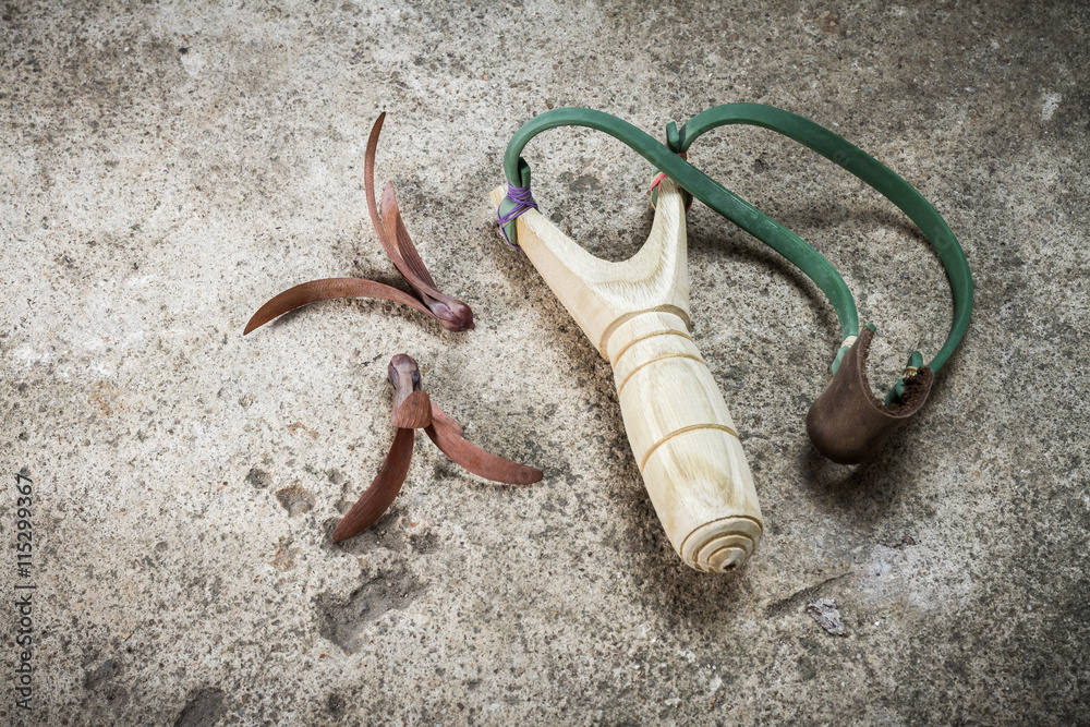 Wooden catapult slingshot with seed plant on cement background Stock ...