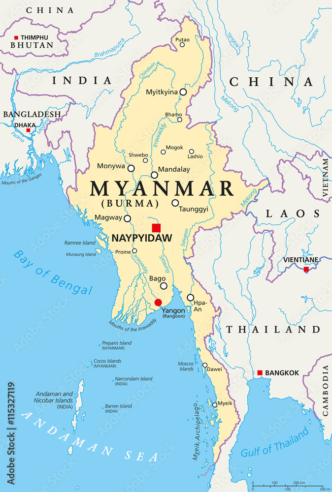 Myanmar political map with capital Naypyidaw, national borders, important cities, rivers and ...