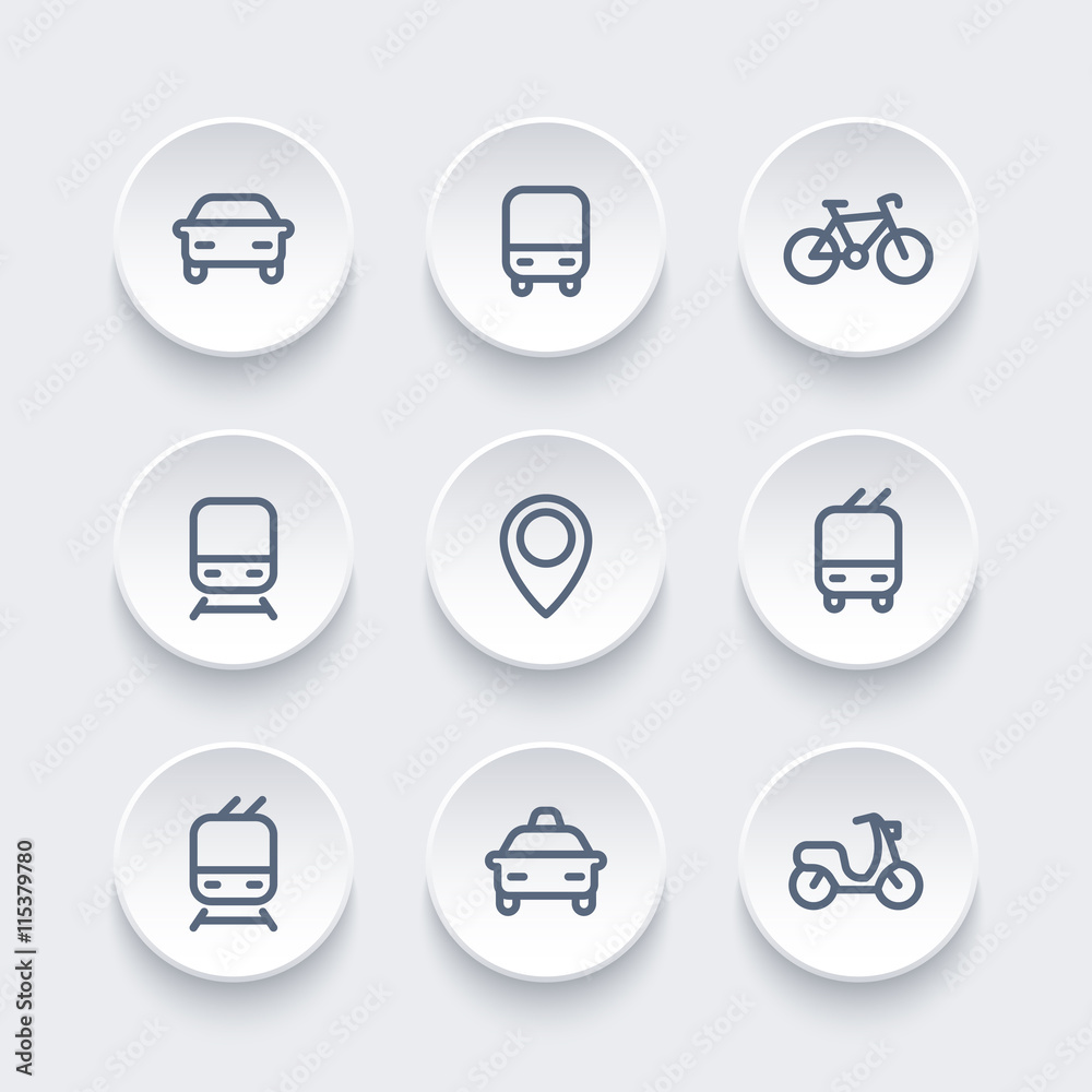 City and public transport icons, transportation vector signs, route ...