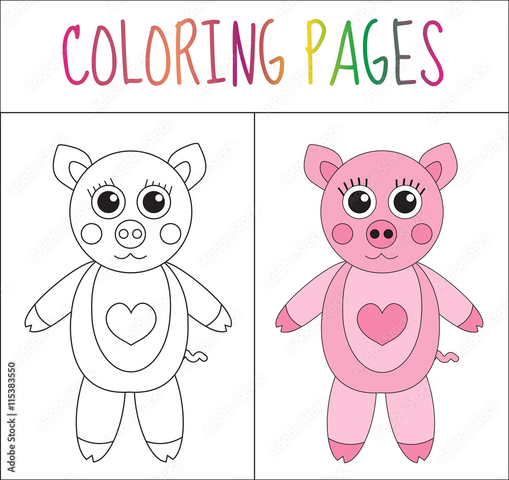 Coloring book page. Pig. Sketch and color version. Coloring for kids ...