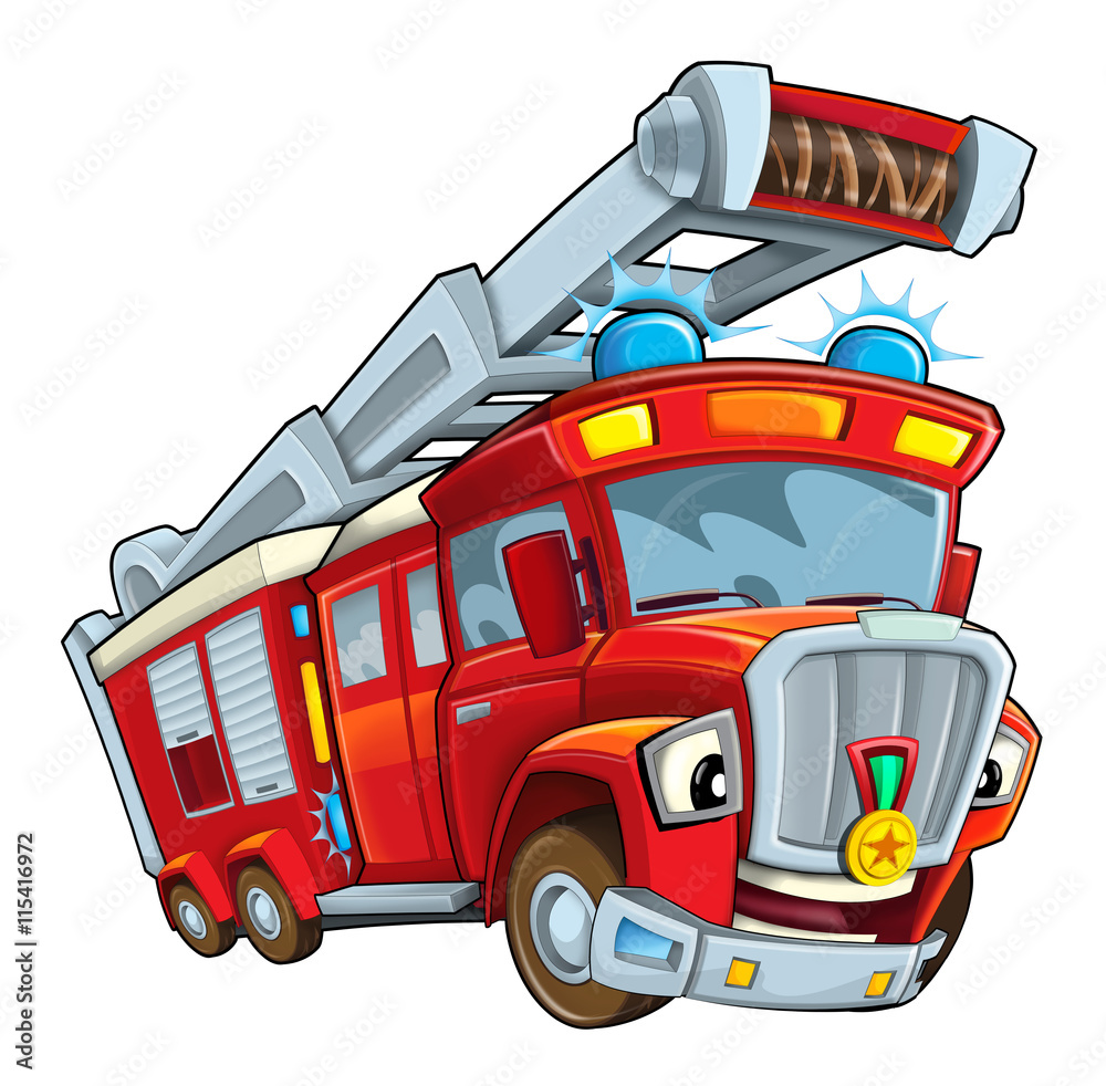 Cartoon happy and funny cartoon fire fireman bus looking and smiling ...